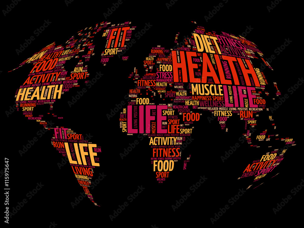Health and Life World Map in Typography, sport, health, fitness word ...
