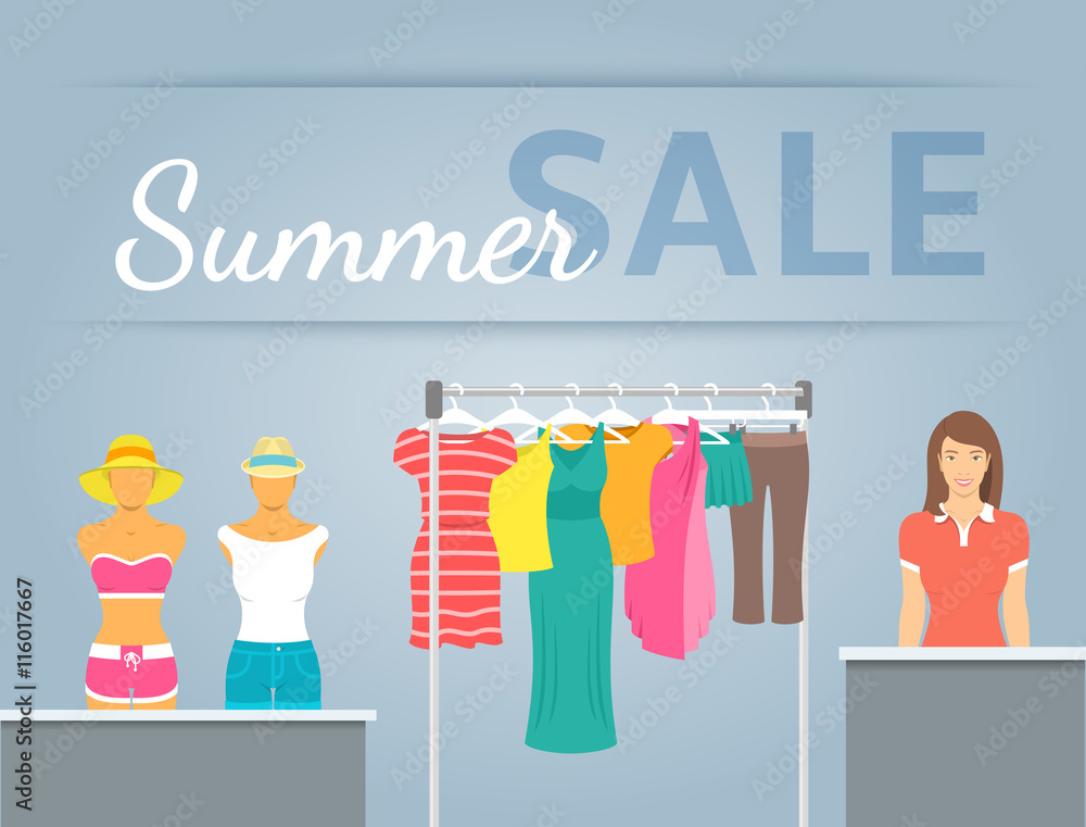 Women clothing store vector flat illustration. Casual clothes ...