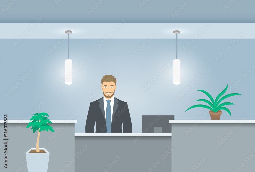 Young man receptionist stands at reception desk. Front view. Vector ...