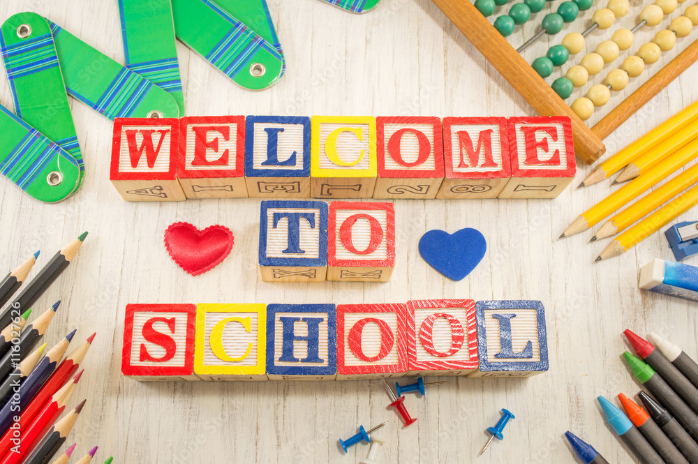 Welcome to school written in wooden cubicle letters Stock Photo | Adobe ...