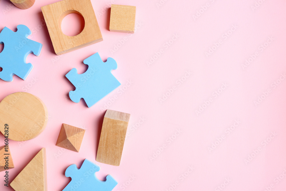 Children toys on pink background Stock-Foto | Adobe Stock