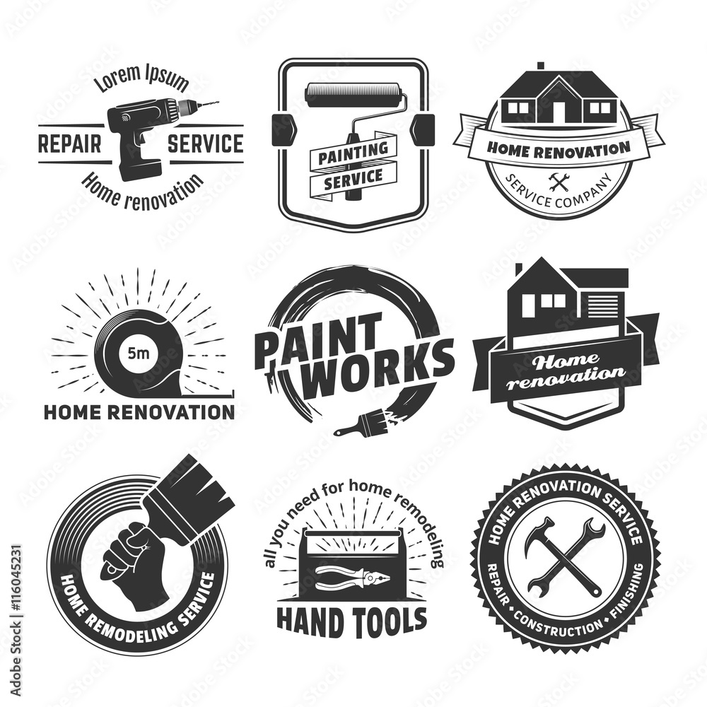 House remodeling logos. Vector badges for home renovation services. Set ...