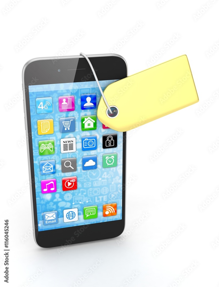 Smart phone with golden price tag on white background. Identification ...