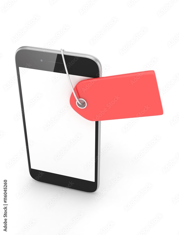 Smart phone with red price tag on white background. Identification ...