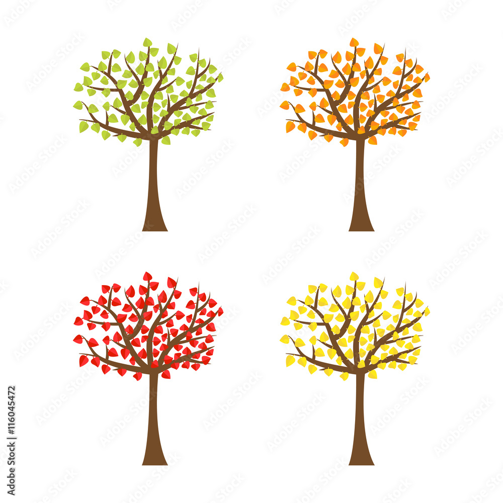 Tree set with different color leaves. Trunk silhouette. Deciduous tree ...
