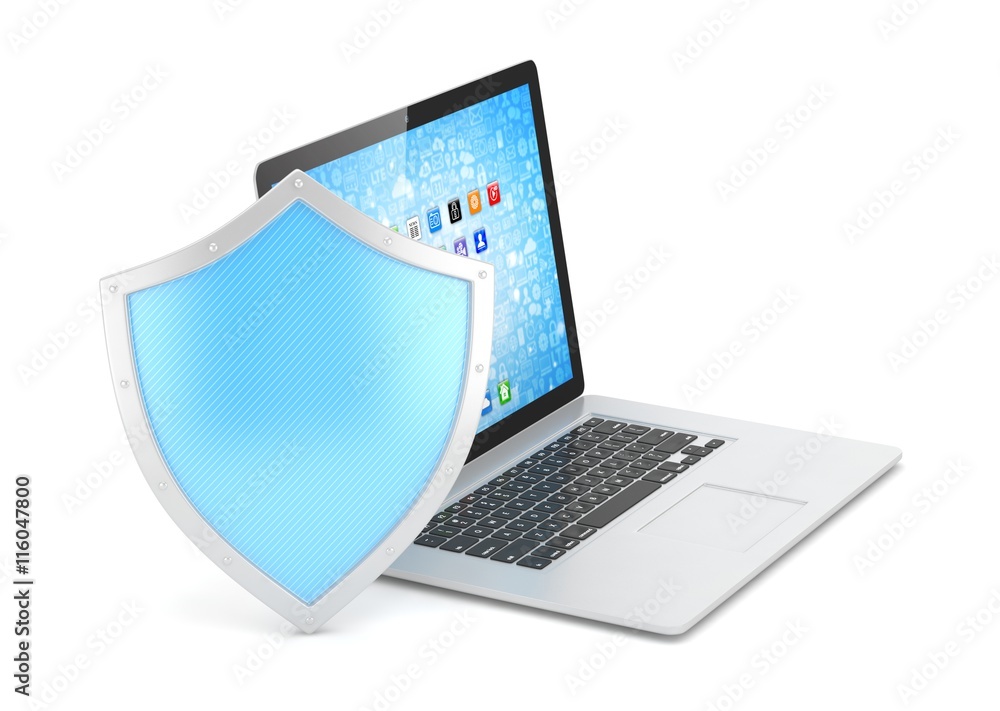 Laptop and shield on white, computer security concept. 3d rendering ...