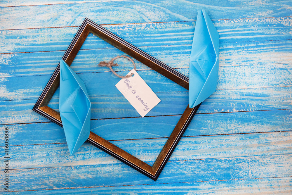 Sign Time is coming with photo frame. Vocation background Stock Photo ...