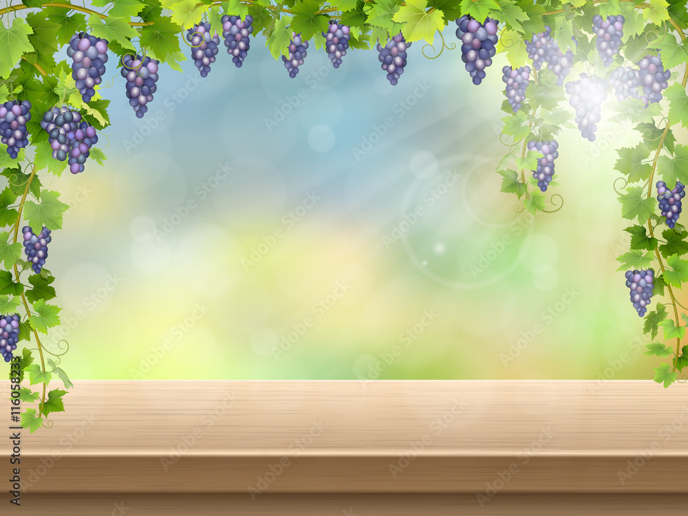 Vineyard with fresh grapes on empty wooden deck table. Vector ...
