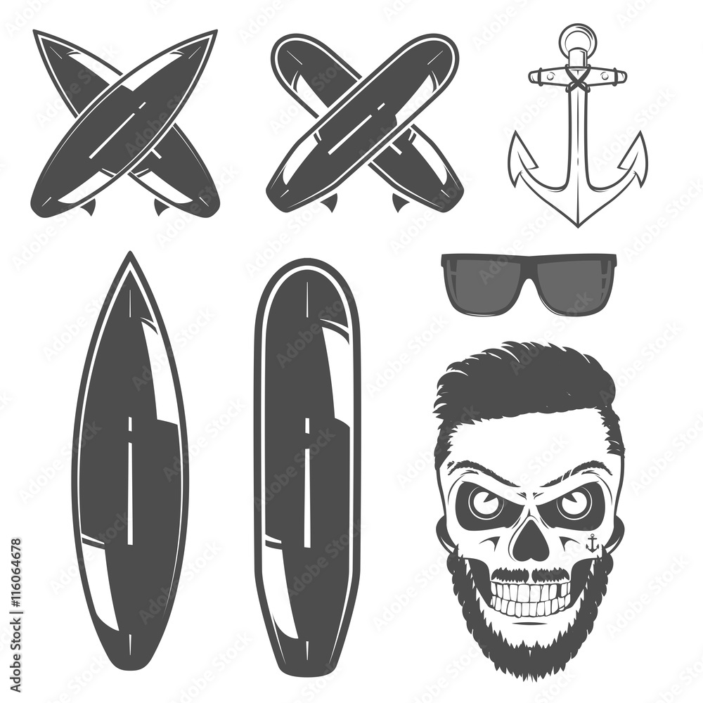 Set of surf board and surfer skull,for design ,tattoo and emblems ...