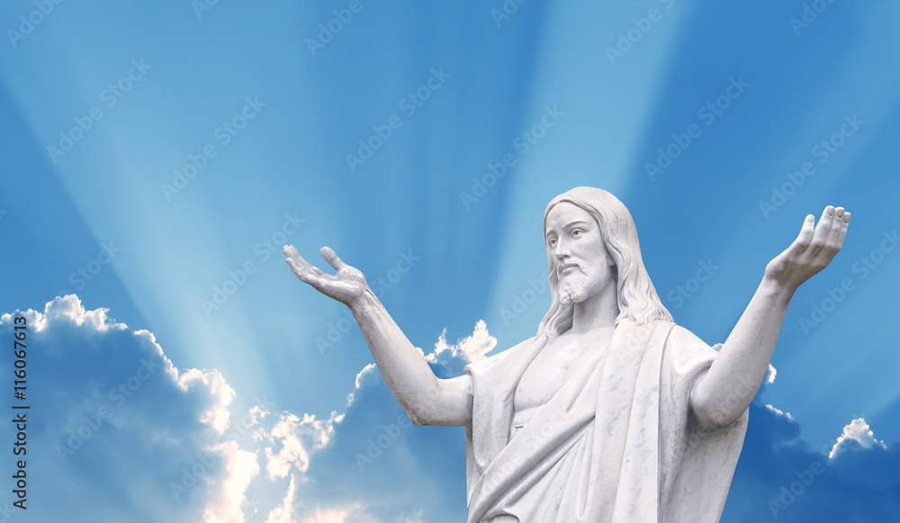 Jesus Christ statue against beautiful sky background Stock Photo ...