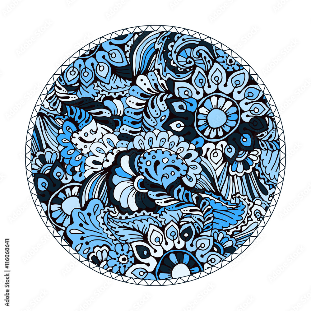 Blue round coloring page design with doodle pattern for adults. Colored ...