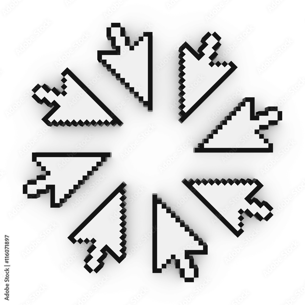 Circle of Pixelated Arrow Cursor Computer Pointers 3D Illustration ...