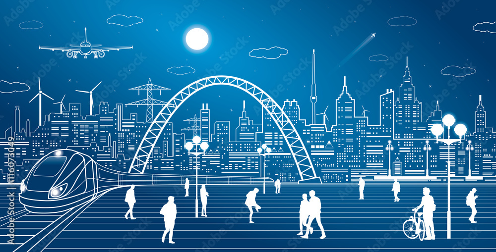 Train move, railway station. Town Square, people walk. Industrial and ...