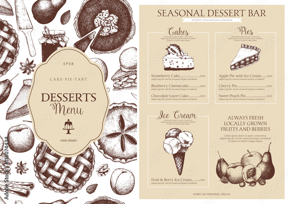 Vector dessert menu design for restaurant or cafe. Vinatge template ...