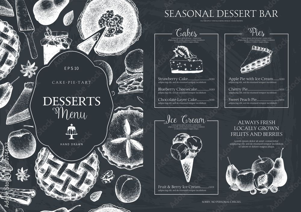 Vector dessert menu design for restaurant or cafe. Vinatge template ...