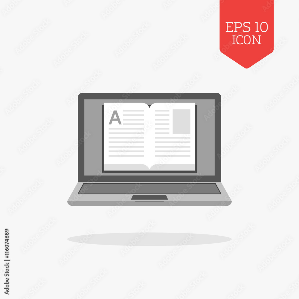 Laptop with a book on screen icon, online library, education con Stock ...