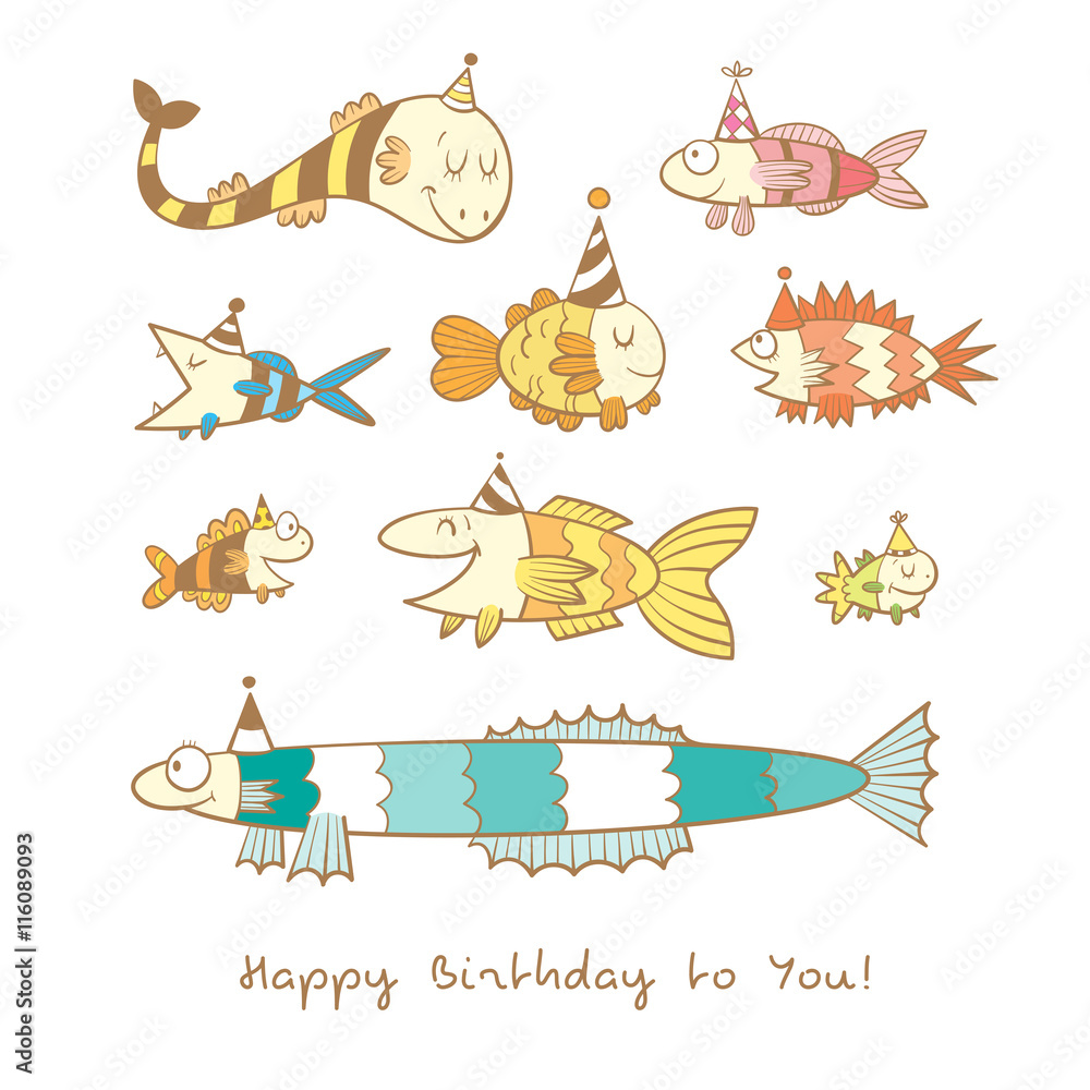 Birthday card with cute cartoon colorful fishes in party hats ...