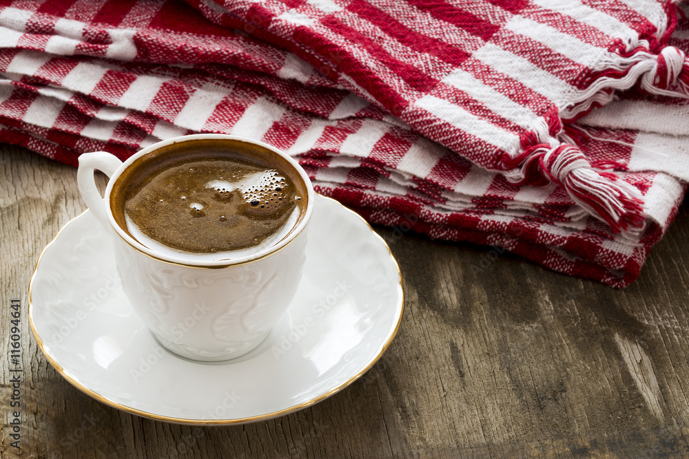 Turkish coffee and red plaid cloth on the wooden table Stock Photo ...