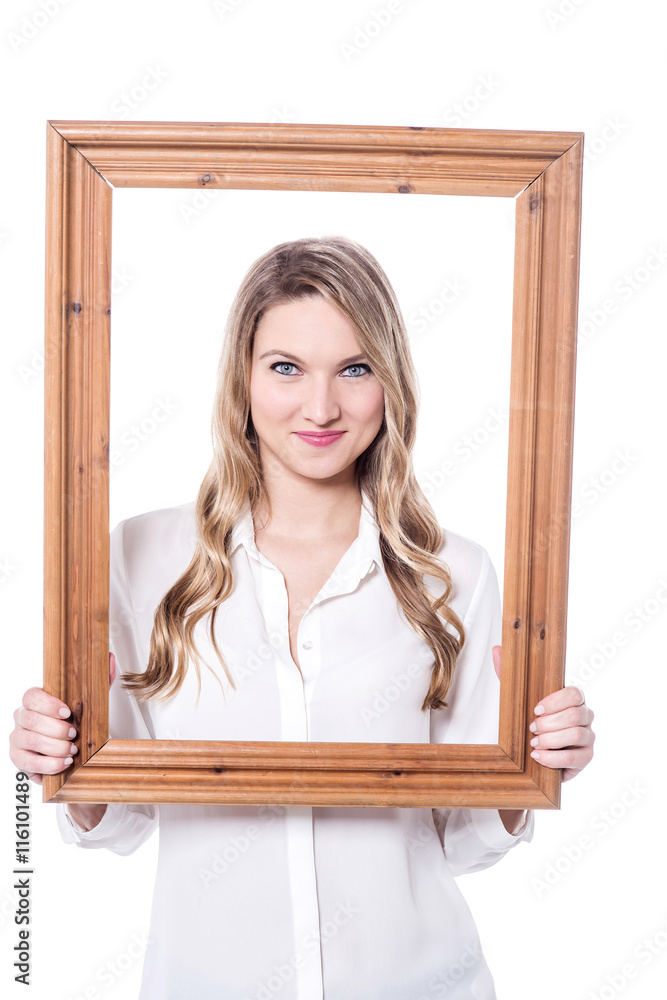 Woman holding picture frame in front of her face Stock Photo | Adobe Stock