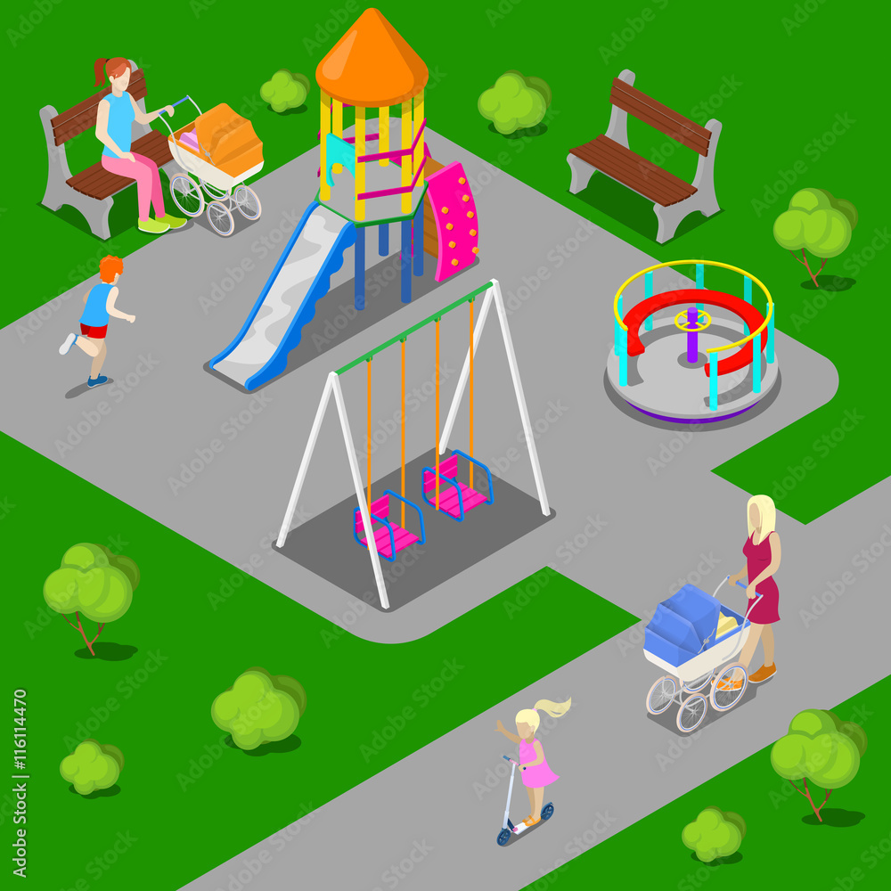 Isometric Children Playground in the Park with People, Sweengs ... Isometric Children Playground in the Park with People, Sweengs ...