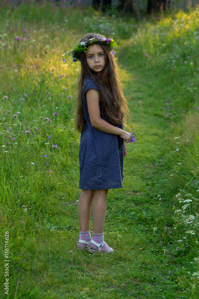 Lovely little baby girl with flower wreath on her head standing in a ...