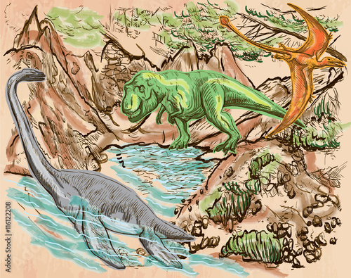 T Rex, Plesiosaur and Pterosaur. DINOSAURS. Life in the prehistoric ...