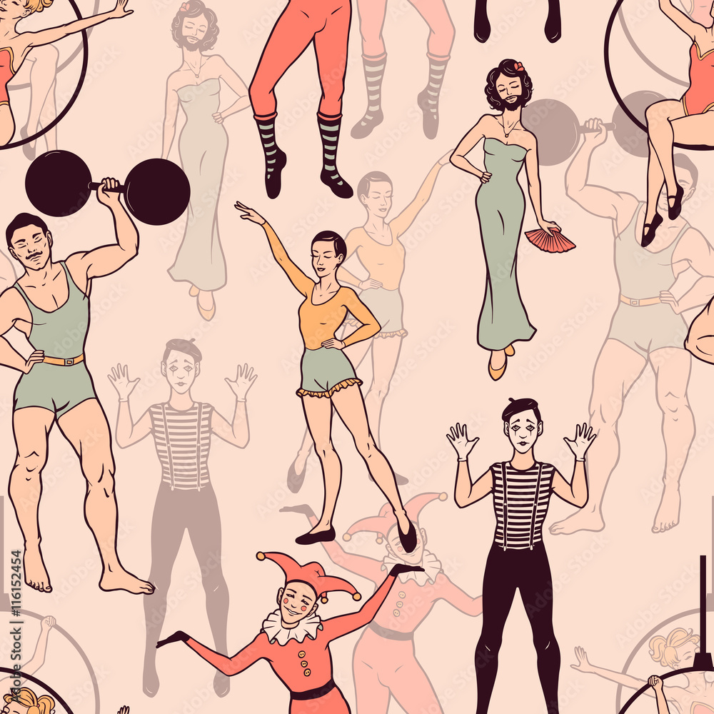 Seamless pattern with circus performers. Vector seamless texture for ...
