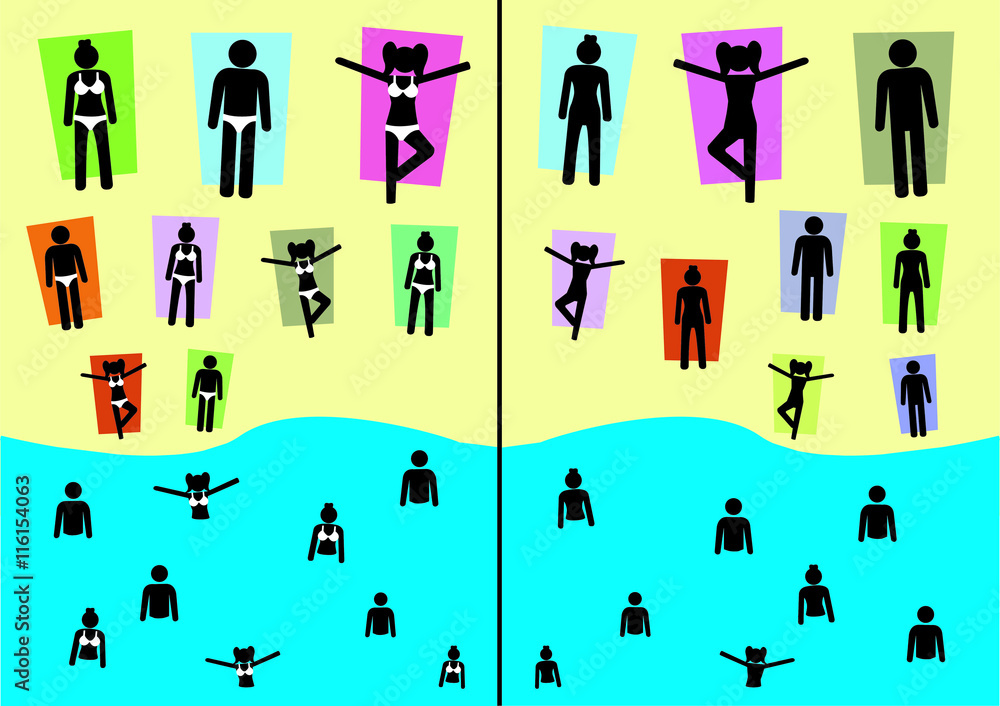 Illustration Nudismus; FKK; Strand; Badesachen; nackt; getrennt; baden ...