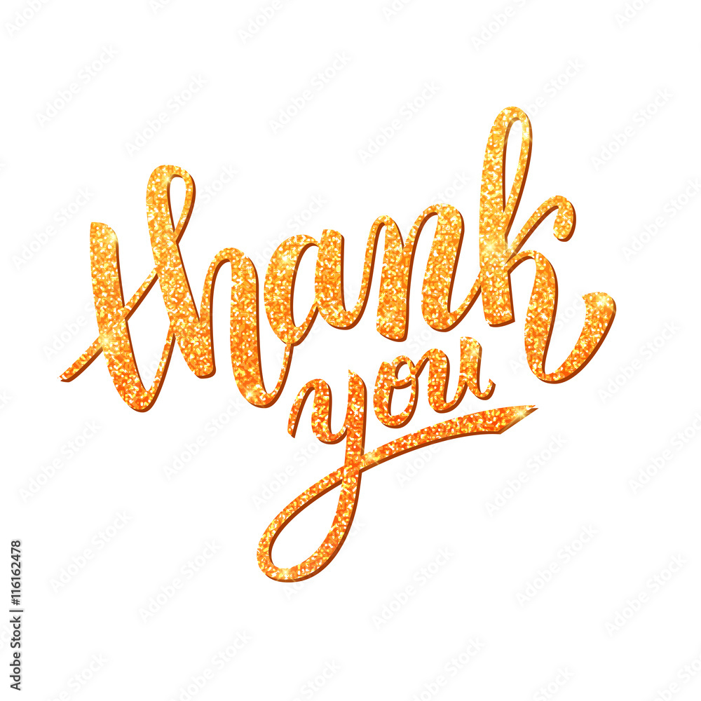 Thank you handwritten golden glitter vector illustration, brush pen lettering isolated on white ...