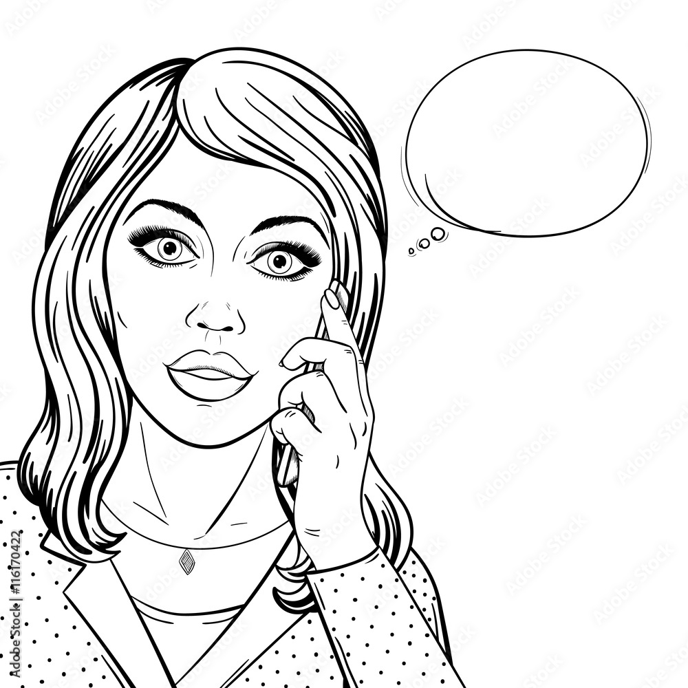 Line art business woman talking on mobile phone with text bubble in ...