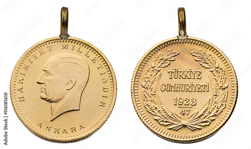 Turkish gold coin front view called Ata Lira isolated Stock Photo | Adobe Stock