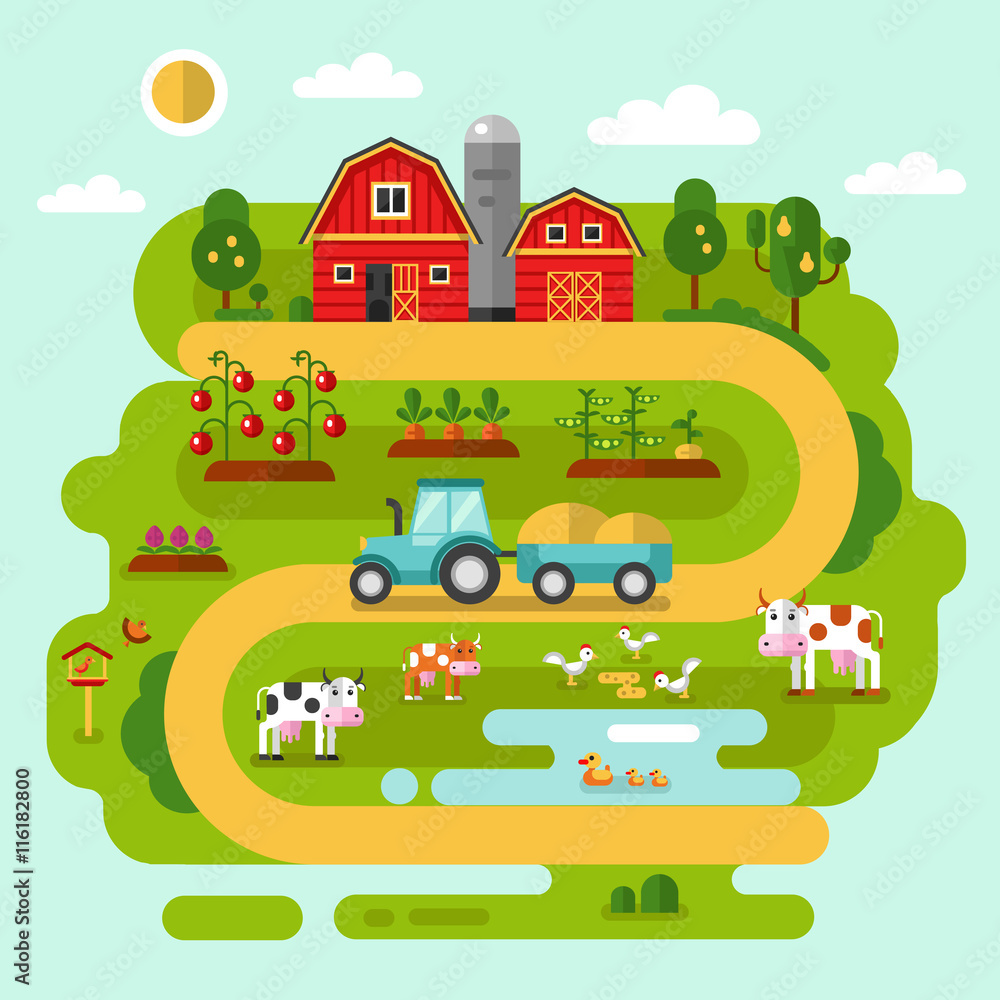 Flat vector rural landscape illustration with farm building, barn ...