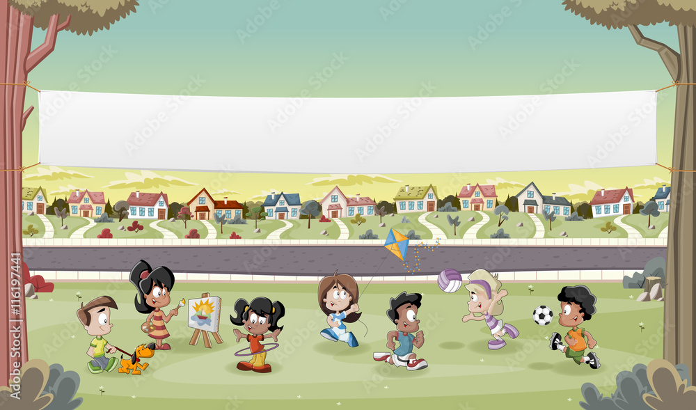 Banner over cartoon kids playing in suburb neighborhood. Green park ...