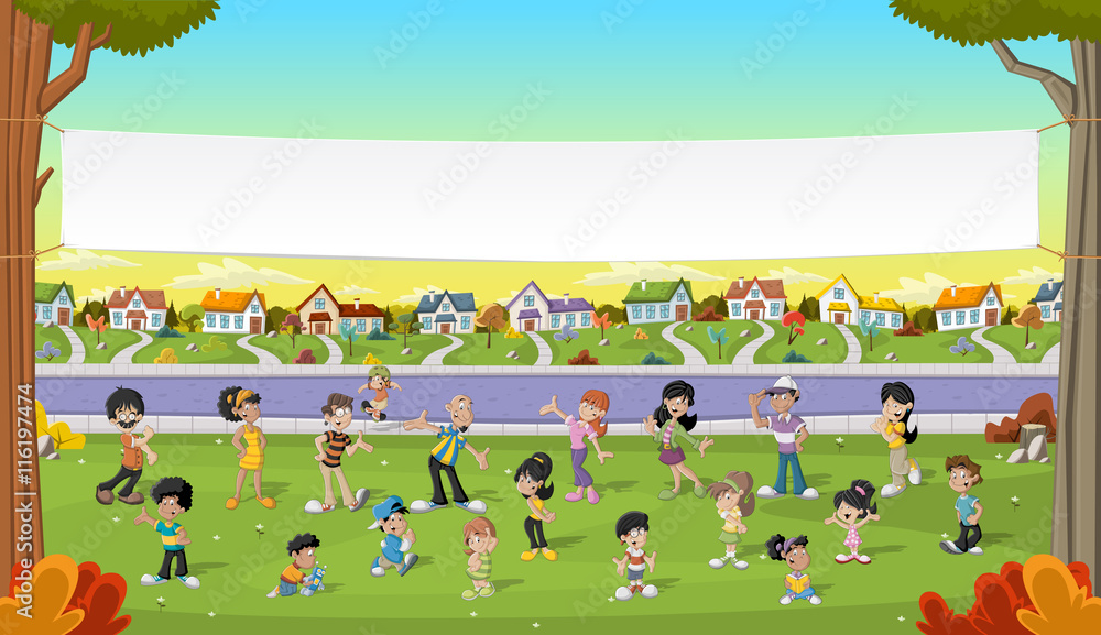 Banner over cartoon people in suburb neighborhood. Green park landscape ...