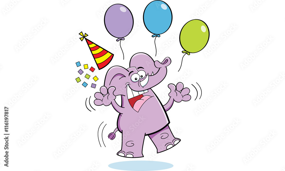 Cartoon illustration of an elephant jumping with a party hat and ...