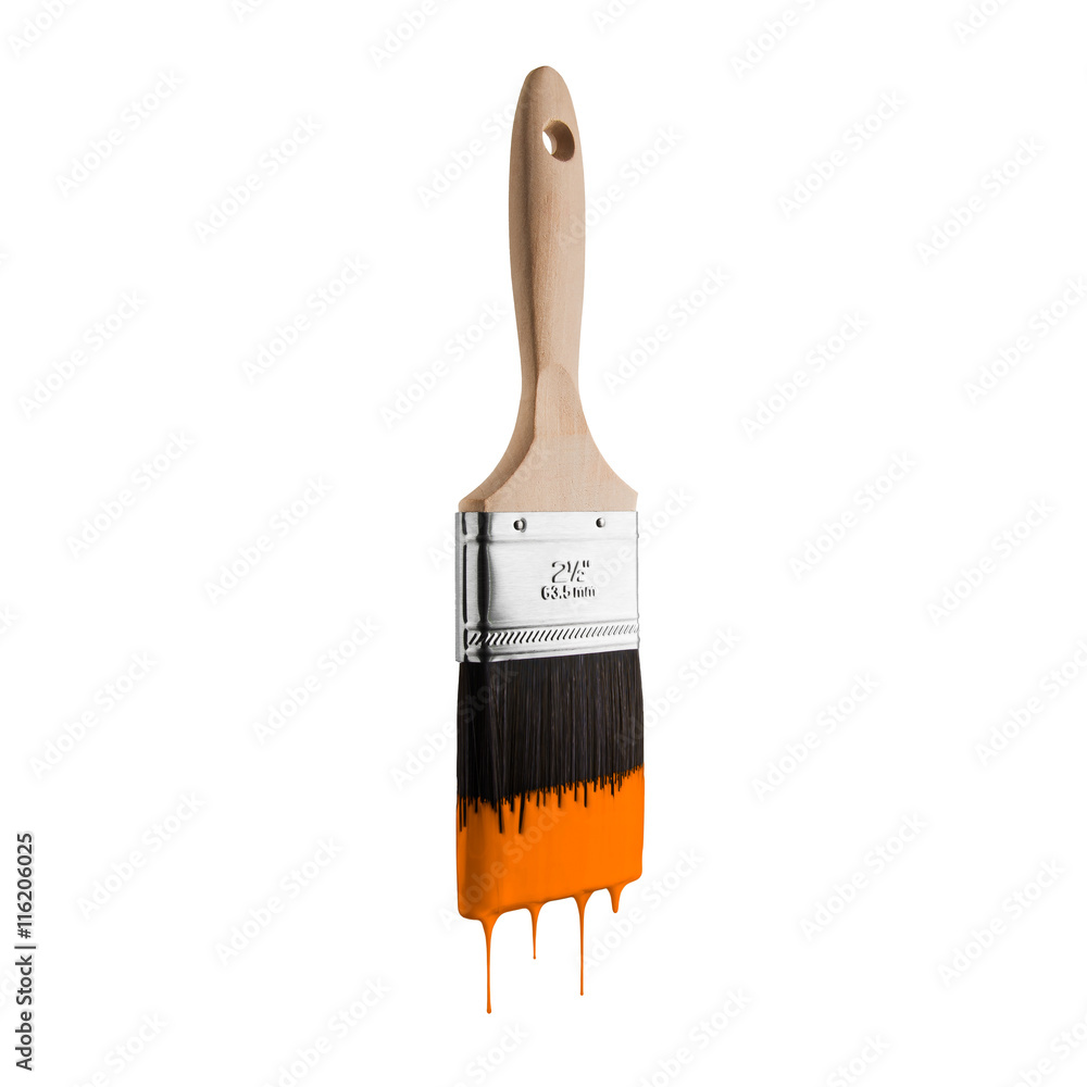 Paintbrush loaded with orange color dripping off the bristles. Isolated ...