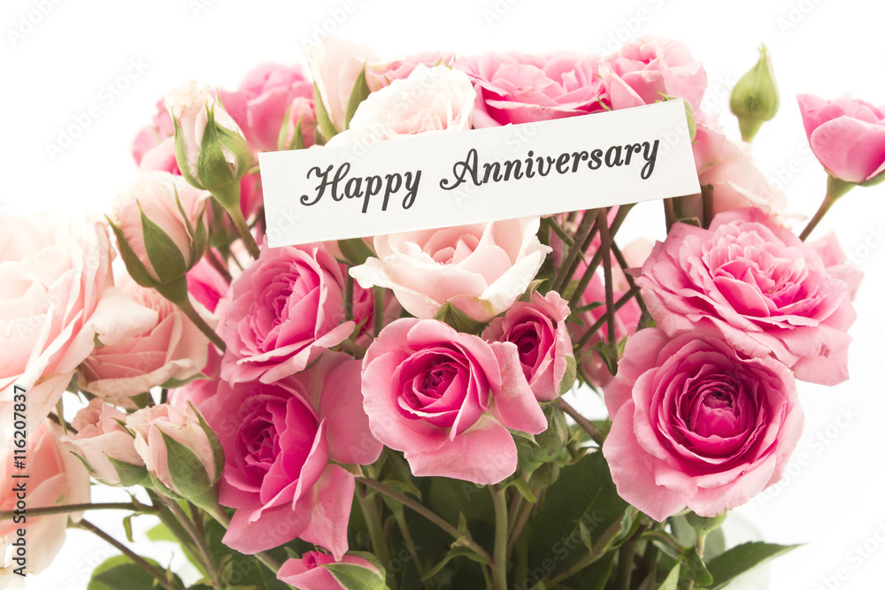 Happy Anniversary Card with Bouquet of Pink Roses Stock Photo | Adobe Stock