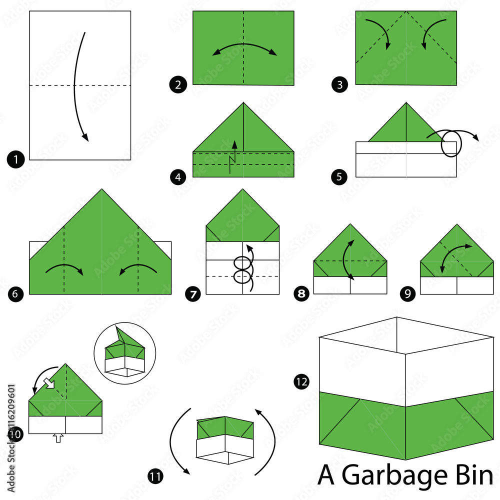 step by step instructions how to make origami A Garbage Bin. Stock ...