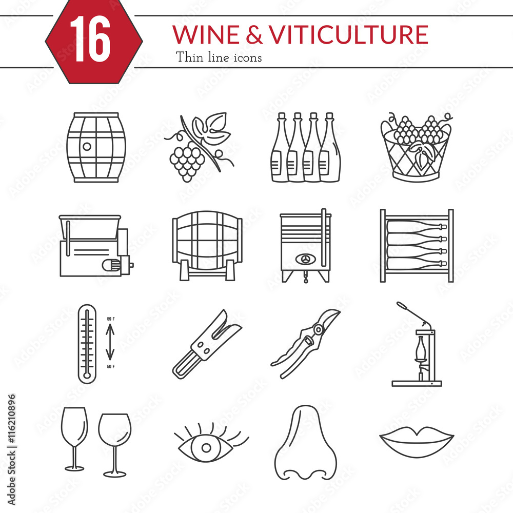 Set of winemaking and wine tasting icons in modern thin line style ...