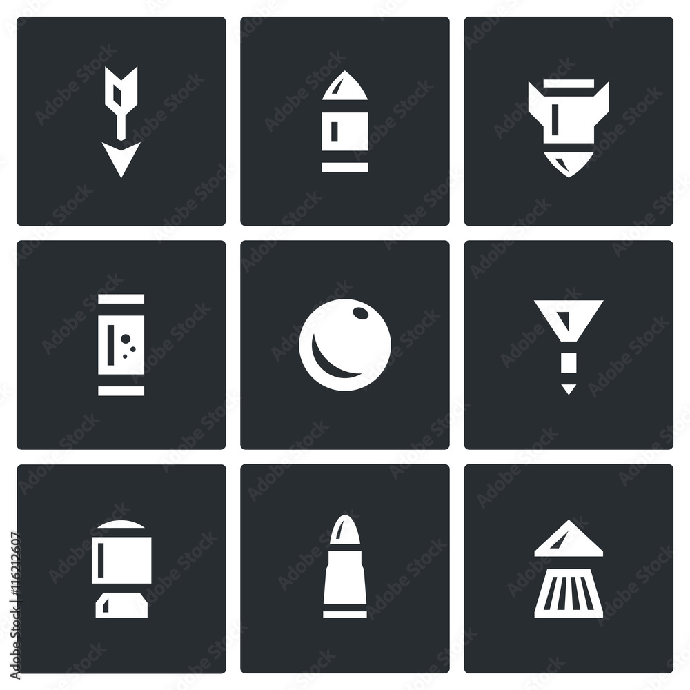Vector Set of Ammunition Icons. Arrow, Bullet, Bomb, Shot, Core, Dart ...