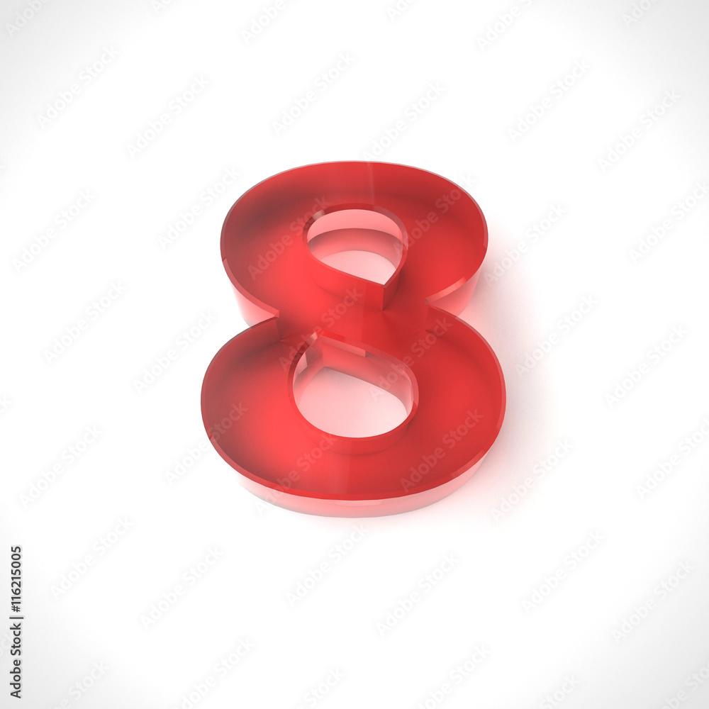 3d red number 8 in glass over white background. 3d render illustration ...