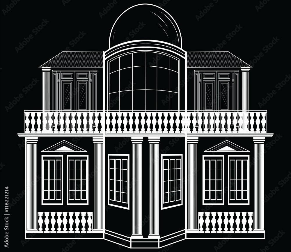 Architectural Facade Vector. Wire frame blueprint drawing of classic ...