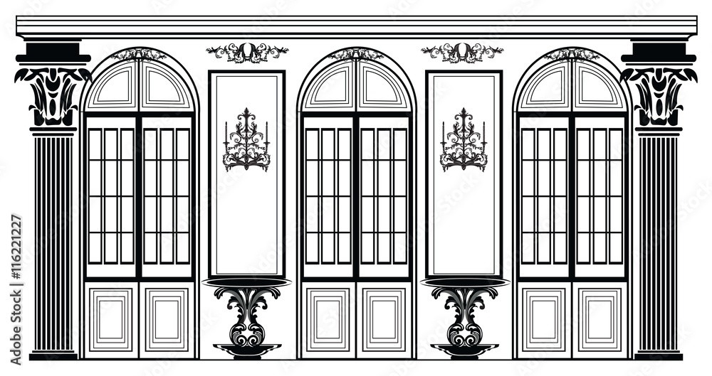 Vector architectural facade. Wire frame blueprint drawing of classic ...
