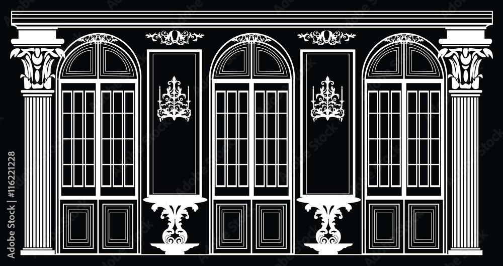 Vector architectural facade. Wire frame blueprint drawing of classic ...