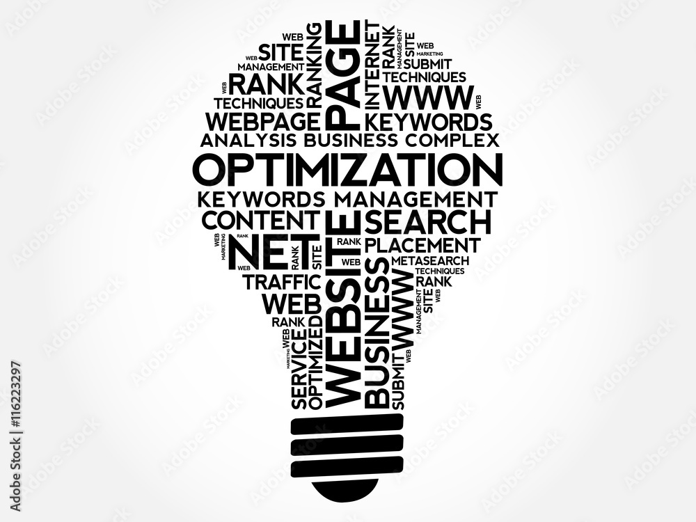 OPTIMIZATION bulb word cloud collage, business concept background Stock ...
