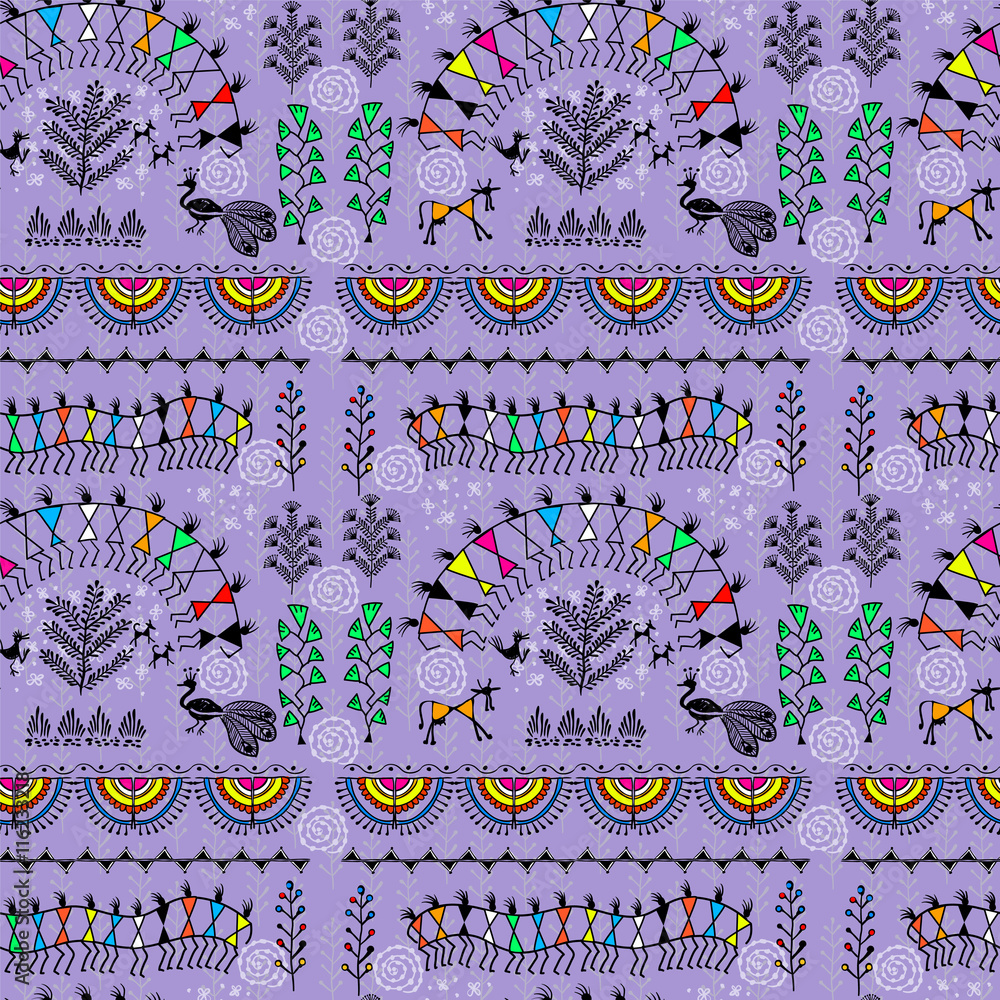 Warli painting seamless pattern - hand drawn traditional the ancient ...