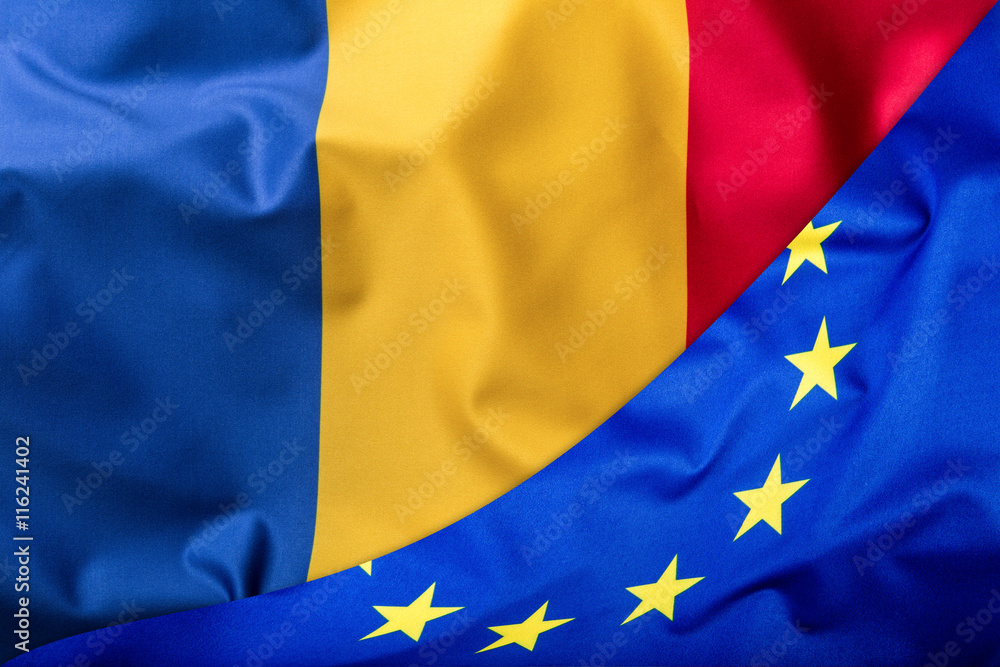 Flags of the Romania and the European Union. Romanian Flag and EU Flag ...