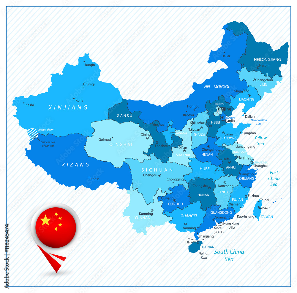 Highly detailed political map of China in colors of blue Stock Vector ...