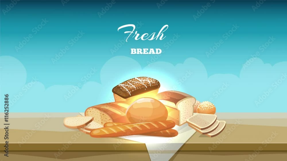 Bread banner animation with buns and loaves for bakery logos or fresh ...