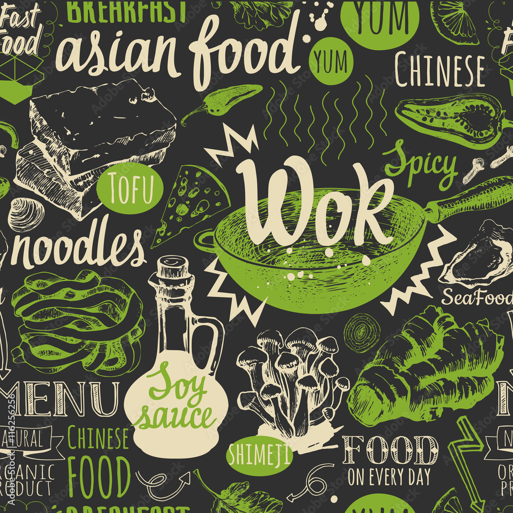 Seamless background with wok food symbols. Menu pattern. Stock Vector ...